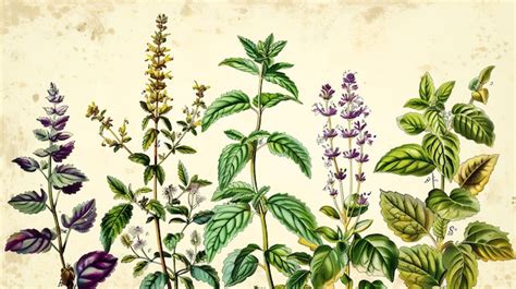 A Vintage Botanical Illustration Of Various Types Of Mint Plants