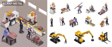 지게차 및 로더 기호 아이소메트릭 격리 벡터 일러스트를 사용한 고철 구성 무료 벡터