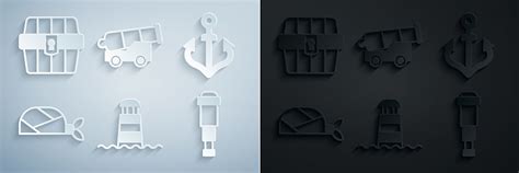 세트 등대 앵커 머리에 대한 해적 반다나 스파이 글래스 망원경 렌즈 캐논과 골동품 보물 가슴 아이콘 벡터 3차원 형태에 대한