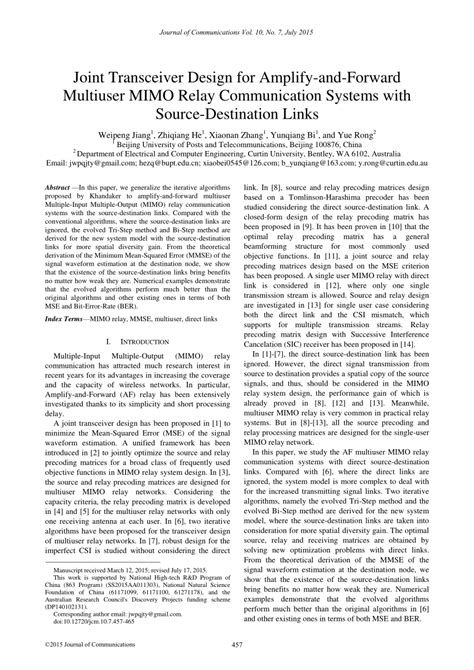 Pdf Joint Transceiver Design For Amplify And Forward Multiuser Mimo Relay Communication