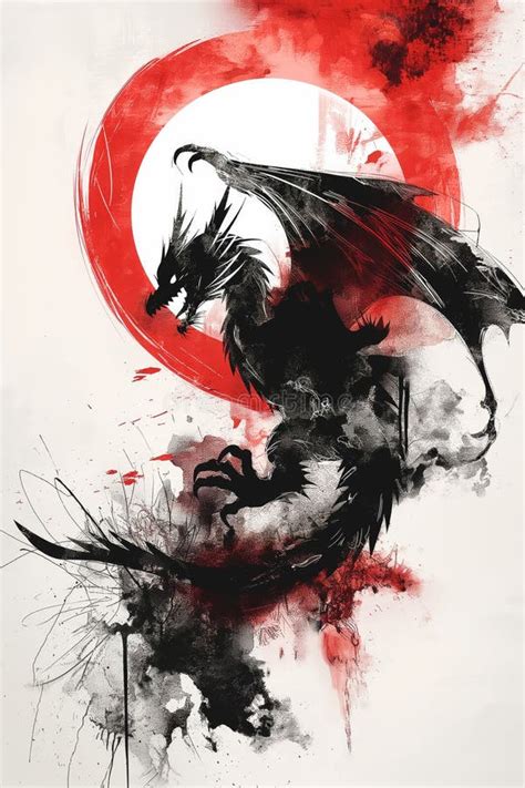 Dragon Flying In Front Of A Cresent Moon Ink And Watercolor Dragon