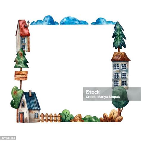 수채화 하우스 카드 나무와 집 관광지도 손으로 그린 만화 스타일의 일러스트레이션 프레임 보드 귀여운 카드 단순히 드로잉 스타일