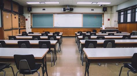 Classroom Setup With A Long Table And Several Chairs Arranged Neatly Whiteboard In The