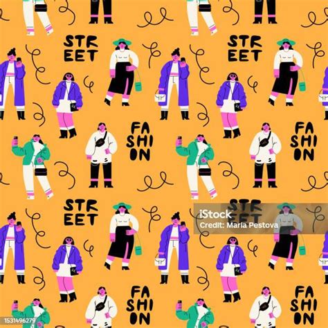 패셔너블한 스타일리시한 소녀들과 어울리는 완벽한 패턴 옷을 입은 밝은 여자들 직물에 인쇄하기 위한 장식품 개성 개념에 대한 스톡 벡터 아트 및 기타 이미지 Istock