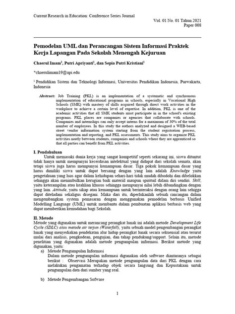 Pemodelan Uml Dan Perancangan Sistem Informasi Praktek Kerja Lapangan Pada Sekolah Menengah