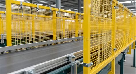 Industrial Conveyor Belt System Featuring Yellow Safety Guards Ensuring