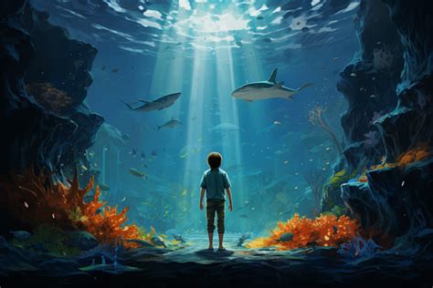 海底世界人物背影插画图片
