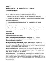 Week Tuts Docx Week DISORDERS OF THE REPRODUCTIVE SYSTEM Tutorial Objectives At The