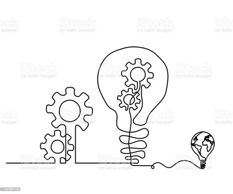추상 둥근 금속 기어 바퀴는 전구와 느낌표가 흰색 배경에 선 그리기로 표시됩니다 팀워크의 개념 0명에 대한 스톡 벡터 아트 및 기타 이미지 Istock