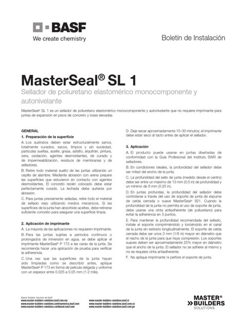 Basf Masterseal Sl 1 Boletin Instalacion Pdf Hormigón Materiales