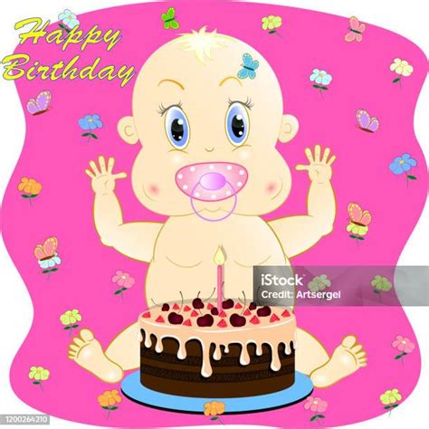 작은 아기와 함께 생일 인사말 카드 작은 아기 만화 벡터 일러스트 레이션입니다 공휴일에 대한 스톡 벡터 아트 및 기타 이미지 공휴일 귀여운 꽃 식물 Istock