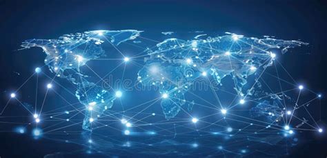 Digital World Map With Interconnected Nodes And Vibrant Lines On A Dark Blue Background Stock