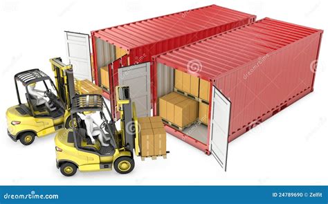 Two Yellow Lift Truck Unloading Containers Stock Illustration