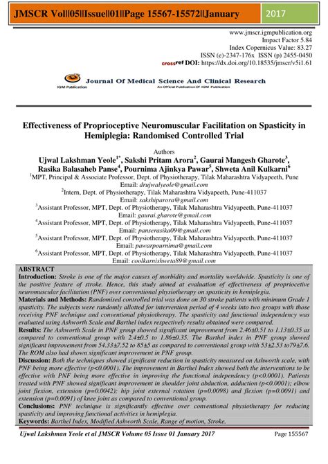 Pdf Effectiveness Of Proprioceptive Neuromuscular Facilitation On Spasticity In Hemiplegia
