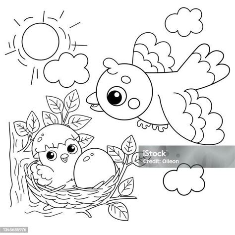 โครงร่างหน้าระบายสีของลูกเจี๊ยบตัวน้อยการ์ตูนในรังด้วยไข่ ไก่แรกเกิด นกป่า สมุดระบายสีส
