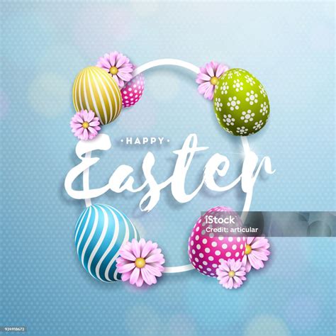 벡터 그림 그려진된 계란과 깨끗 한 바탕에 꽃과 함께 행복 한 부활절 휴가의 국제 축 하 인사말 카드 파티 초대장 또는 프로 모션 배너 인쇄 술과 디자인 개념에 대한 스톡