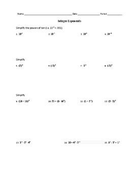 Simplifying Negative Integer Exponents Practice Science Algebra