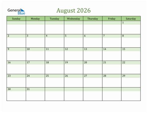 August 2026 Monthly Calendar Pdf Word Excel