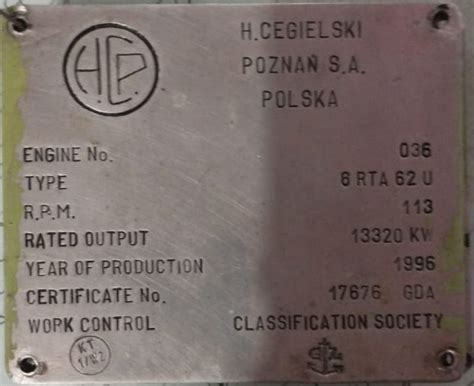 Maker Sulzer 6 Rta 62 U Marine Engine