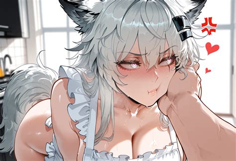 Rule 34 1girls Ai Generated Apron Arknights Blush Cleavage Female Flustered Hand On Cheek