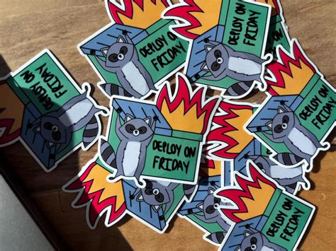 Deploy On Friday Sticker Funny Tech Sticker Dumpster Fire With Raccoon Devops Software