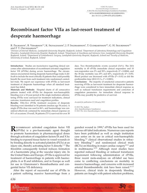 Pdf Recombinant Factor Viia As Last Resort Treatment Of Desperate Haemorrhage