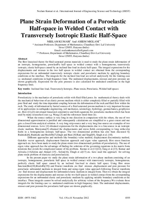 Pdf Plane Strain Deformation Of A Poroelastic Half Space In Welded Contact With Transversely
