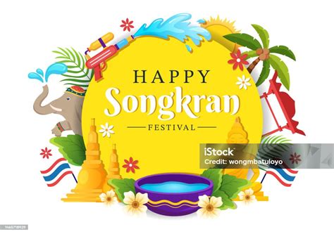 태국에서 물총을 연주하는 행복한 송크란 축제의 날 삽화는 랜딩 페이지 템플릿을 위해 그려진 플랫 만화 손으로 축하합니다 불교 새해에 대한 스톡 벡터 아트 및 기타 이미지
