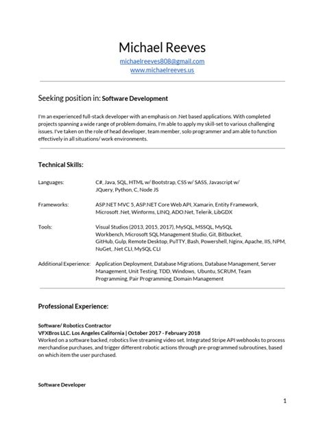 Micheal Reeves Resume Pdf My Sql Microsoft Sql Server