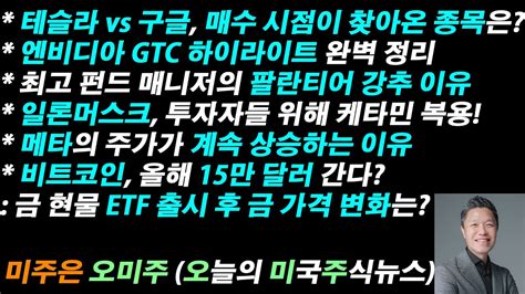 오늘의 미국주식뉴스 테슬라와 구글 매수 시점이 찾아온 1종목은 엔비디아의 최대 경쟁사는 팔란티어 비트코인 15만달러 간다 Etf 출시 후 금 가격 변화는