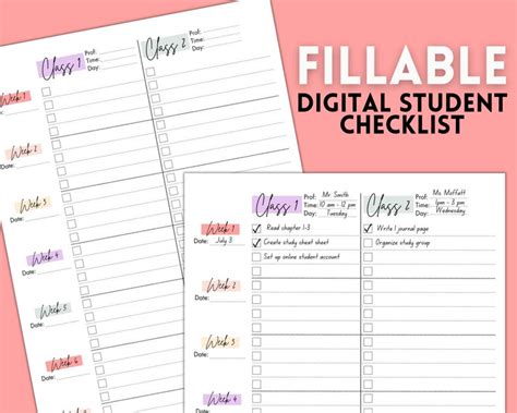 Fillable Class Student Checklist Digital School Schedule College
