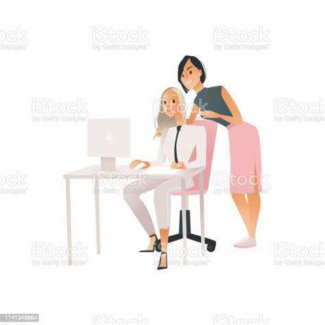 컴퓨터와 논의 두 여자와 공동 작업 통신 개념의 벡터 일러스트 레이 션 개발에 대한 스톡 벡터 아트 및 기타 이미지 개발