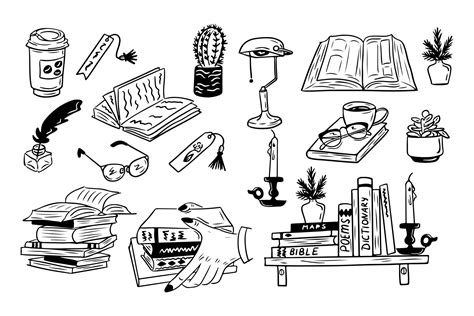 Set Of Hand Drawn Doodle Books And Library Items Vector Isolated Outline Elements On White
