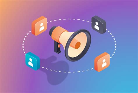 소셜 미디어 홍보 마케팅 개념 스피커 마이크 아이콘 광고 및 프로 모션 3d 등각 투영 평면 수평 벡터 일러스트 레이 션 디지털