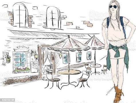건축의 배경에 큰 도시 패션 소녀 손으로 그린 벡터 일러스트 레이 션 거리에 대한 스톡 벡터 아트 및 기타 이미지 거리