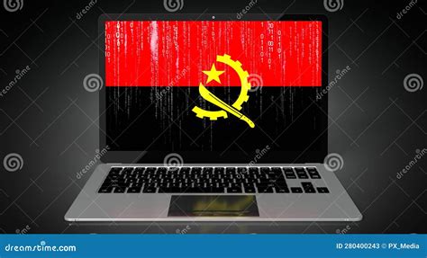Angola Country Flag And Binary Code On Laptop Screen Stock