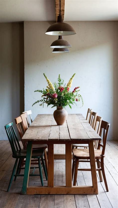Rustic Dining Room With Long Wooden Table Mismatched Chairs And Fresh Floral Centerpiece Stock