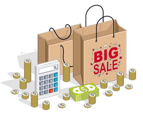 큰 판매 개념 소매 판매 현금 돈 스택 및 흰색 배경에 고립 된 계산기와 쇼핑 가방 벡터 3d 아이소메트릭 비즈니스 및 금융 그림 얇은 라인 디자인 프리미엄 벡터