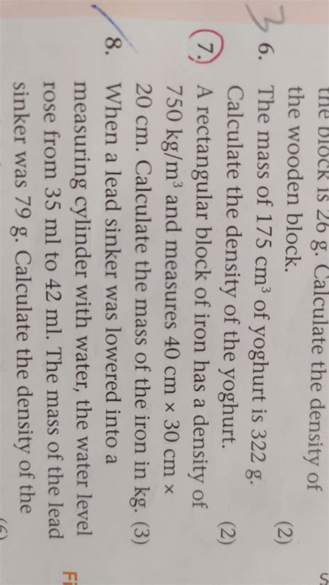 The Diock Is G Calculate The Density Of The Wooden Block The