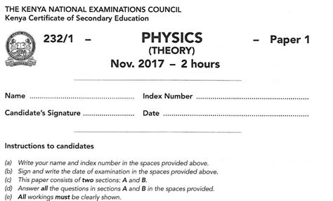 Kcse Physics Paper 1 2017 Exam Questions With Answers Knec Past Paper