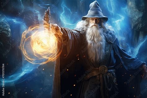 Old Wizard With Magic Spell And Fire In His Hand Fantasy An Old