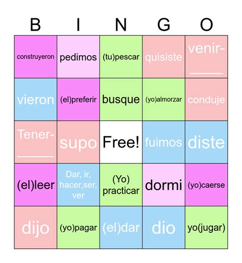 Preterite Verb Forms Bingo Card