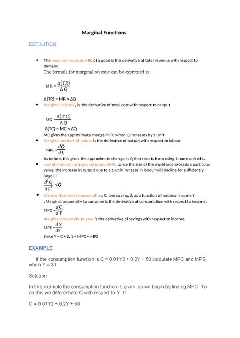 marginal functions marginal functions marginal functions definition the marginal revenue mr
