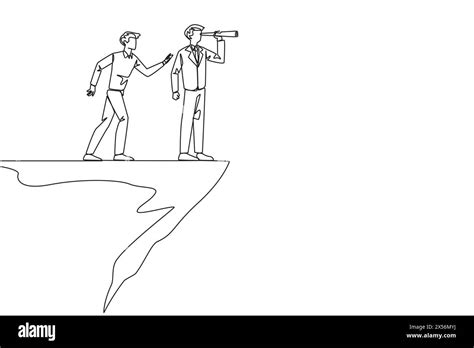 Continuous One Line Drawing Businessman Monitoring Something At The Edge Of Cliff Using