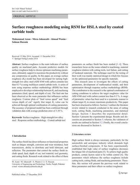 Pdf Surface Roughness Modeling Using Rsm For Hsla Steel By Coated Carbide Tools