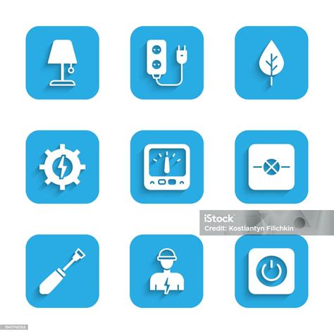 설정 암페어 미터 멀티 미터 전기 기사 전원 버튼 전자 회로의 램프 드라이버 기어 및 번개 리프 에코 기호 및 테이블 Lamp