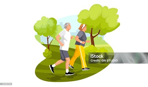 늙은 스포티 한 커플 선배와 도시 공원에서 조깅하는 여자 야외 달리기 활동과 건강한 라이프 스타일 운동복을 입은 노인들이 아침 운동을 하고 있다 만화 고립 된 벡터 일러스트