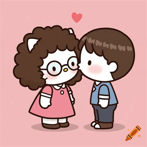 Hello Kitty Cartoon Of A Female With Curly Hair And Glasses Kissing A