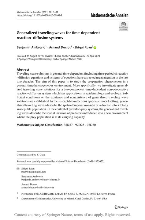 Generalized Traveling Waves For Time Dependent Reaction Diffusion Systems Request Pdf