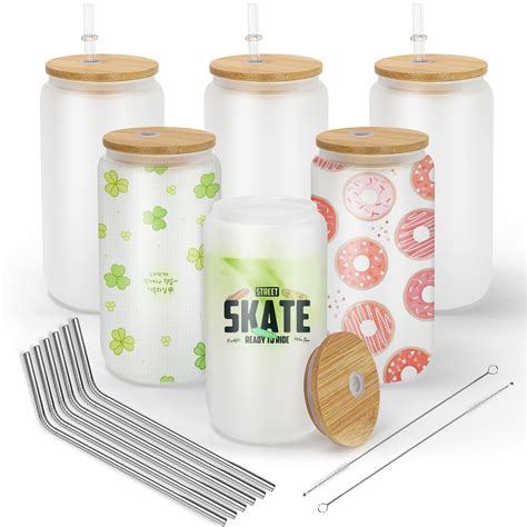 Buy Agh 6pack 16oz Sublimation Glass Blanks With Bamboo Lid Frosted